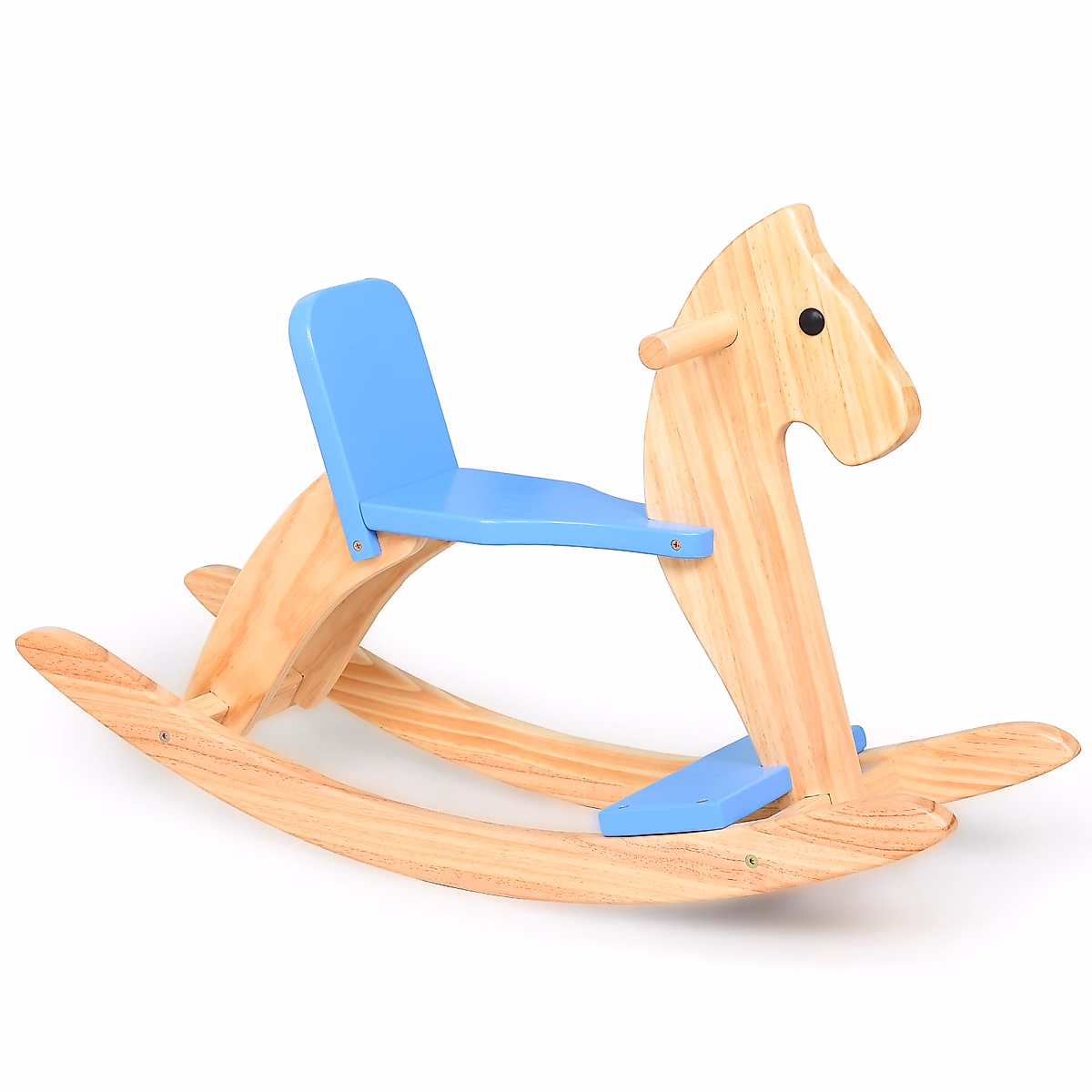 KRAND Wooden Rocking Horse Baby Ride On Toy for Toddler Rocking Horse Classic Design with Pedal and Safe backrest for Toddlers (Blue)