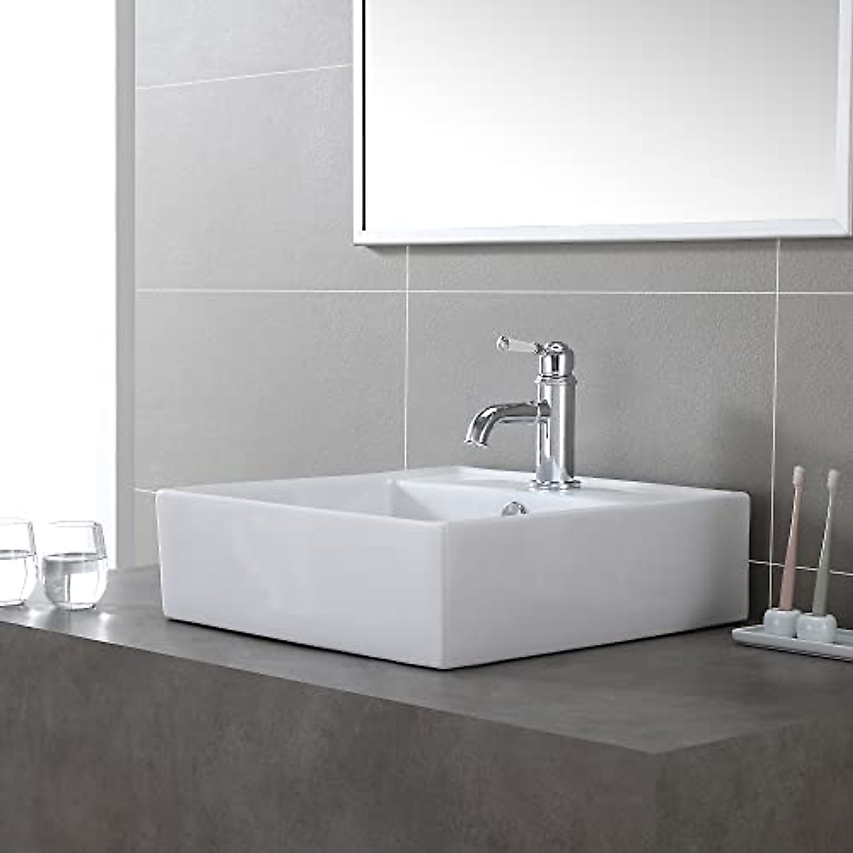 Kraus KCV-150-CH White Square Ceramic Sink and Pop Up Drain with Overflow, Chrome