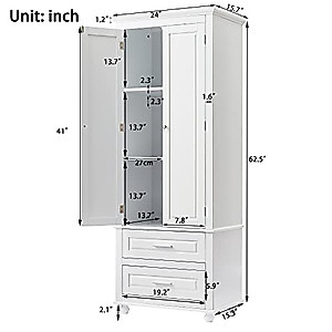Tall Storage Cabinet with 2 Drawers and Double Door for Bathroom/Office, White Freestanding Kitchen Pantry Cabinet, Bathroom Cupboard w/Adjustable Shelf, Floor Cabinet Bookcase with Door (White-ty1)