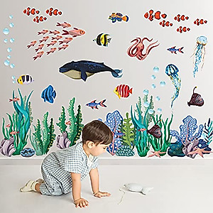 RW-1029 3D Removable Ocean Animals Wall Decals Under The Sea Animals Wall Stickers Fish Whale Seaweed Coral Decals DIY Marine Animals Sea View Wall Art Decor for Kids Baby Bedroom Living Room Nursery