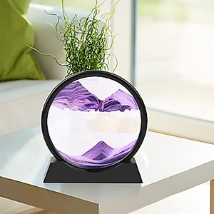 Moving Sand Art Flowing Sand Painting 3D Natural Landscape Dynamic Sand Painting,Round Glass Sea Sand Painting Artistic Sandscape for Home Ornament Desktop Art Bookshelves Decoration(Purple,7 Inches)