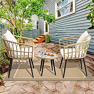 IJIALIFE 3 Pieces Patio Bistro Sets, Patio Conversation Chairs Outdoor Wicker Rattan Furniture Set with Soft Cushions Glass Side Table for Backyard Balcony Deck