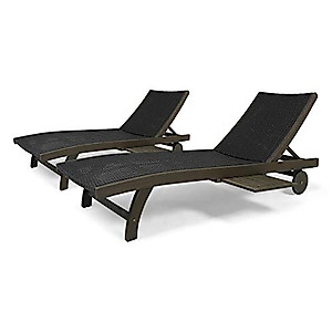 Great Deal Furniture Kimberley Outdoor Wicker and Wood Chaise Lounge with Pull-Out Tray, Set of 2, Gray