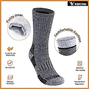 KEECOW Merino Wool Crew Socks For Men & Women, Thermal, Warm, Winter Cushion Socks For Hiking Working Running, 3 Pairs (Large, Charcoal B)