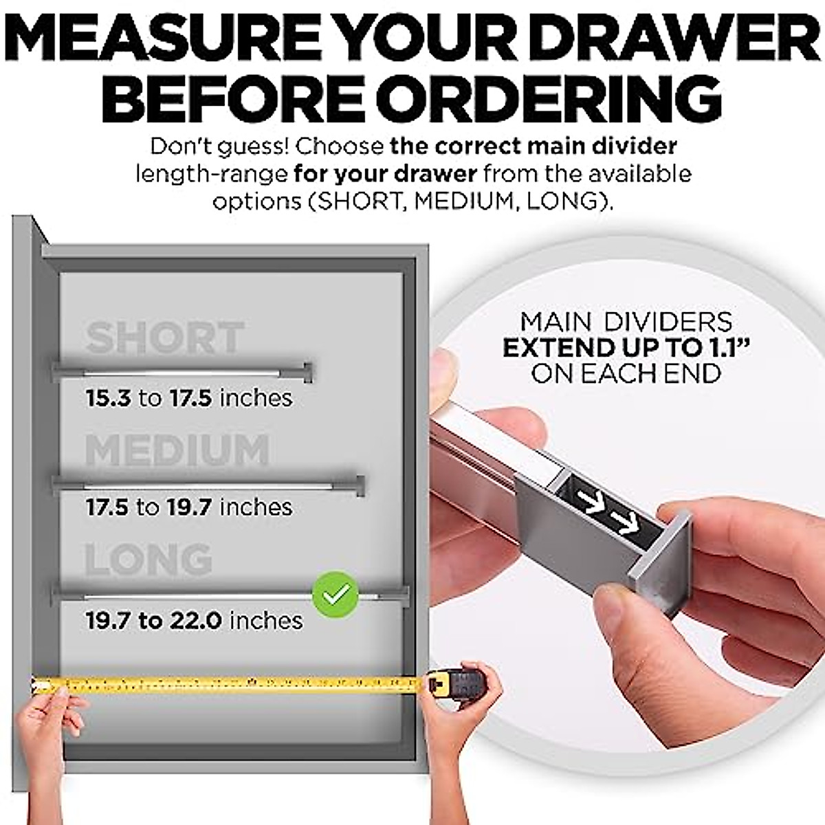 Practical Comfort Drawer Dividers, 18 pcs adjustable drawer dividers set, Made from high strength aluminum, 6 Main expandable drawer divider expand From 19.7" to 22" + 12 Sliding Separators 3.8"