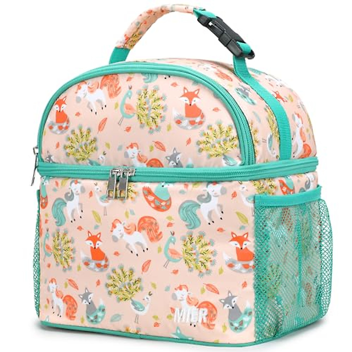 MIER Kids Lunch Bag for Boys Girls Insulated Toddlers Lunch Box Bags Kid Lunch Cooler Tote for School Picnic Travel Outdoor, Dual Compartments, Orange/Green-Unicorn/Fox