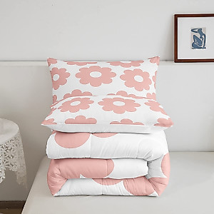 Manfei Girly Pink Bedding Set for Boys Girls, 70s Groovy Daisy Flowers All Season Cozy Comforter Set Full Size, Cute Cartoon Floral Duvet Set Bedroom Décor,Gift for Kids