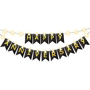 Happy Anniversary Banner Gold Foiled Sign Banner with LED Fairy String Light 8 Flicker Mode, Anniversary Party Decoration Photo Props for Anniversary Wedding Party Ceremony Decoration (Black)