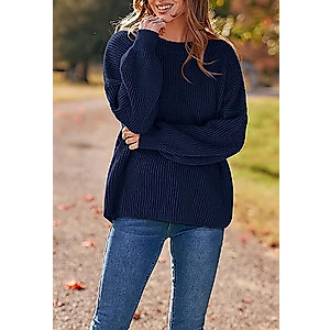 PRETTYGARDEN Long Sleeve Oversized Sweaters for Women Fall 2023 Crew Neck Solid Color Casual Knit Pullover Sweater Tops (Navy,Small)
