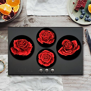 Red Rose Electric Stove Burner Covers，Set of 4 Round Stove Burner Covers，8 Inches and 10 Inches，Gas Stove Burner Covers,Metal Stove Burner Cover，Rose Bloom Cooktop Decorative，Home Decor,Kitchen Decor