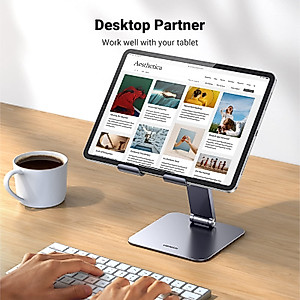UGREEN Tablet Stand Holder for Desk Height Adjustable Aluminum Foldable Desktop Tablet Holder Wide Base Dock Multi-Angle Riser Compatible with 2024 iPad Pro 13 12.9, 11, 10.5 Air Mini 6 5, Grey