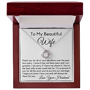 Wife Love Knot Necklace - Wife Birthday Gift Ideas, Womens Jewelry Gifts For Wife Romantic To My Beautiful Soulmate Necklace Mothers Day Gifts, My Lovely Wife Best Wife Valentine's Day Gifts, Christmas Gifts, Xmas Mahogany Style Luxury Box (w/LED)