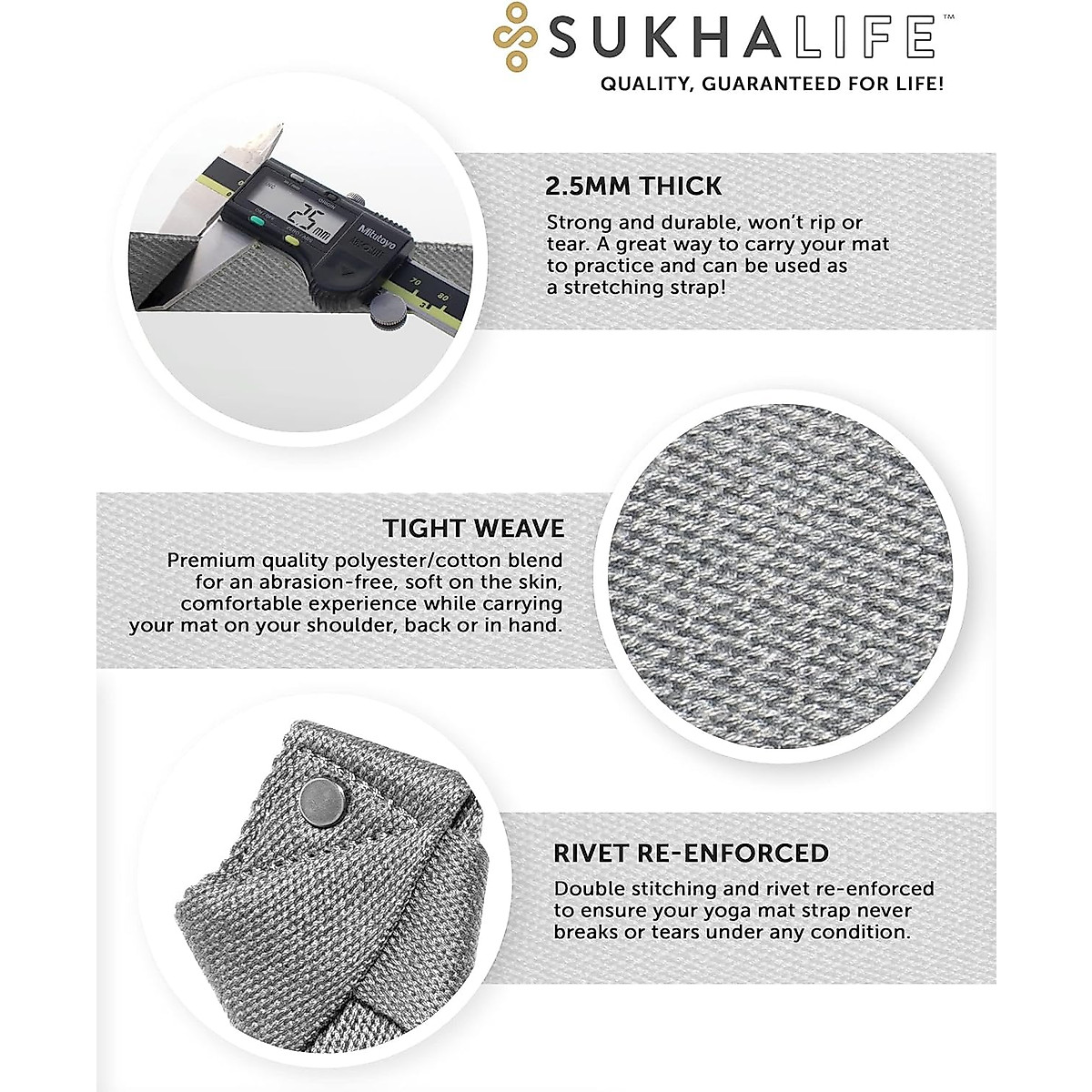 SukhaMat - Yoga Mat Carry Strap, Extra-Durable & Comfortable | Multi-Purpose Strap for Your Yoga Mat (Grey)