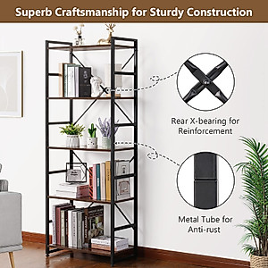 Haton Bookshelf, 5 Tier Industrial Rustic Wood Bookcase, Modern Standing Metal Frame Book Shelf for Living Room, Bedroom and Office, 5-Shelf, Brown/Black