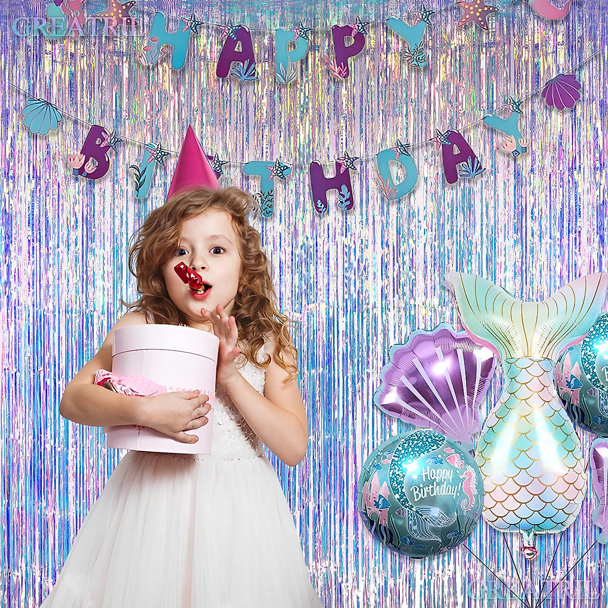 Iridescent Party Streamers Backdrop - GREATRIL Neon Transparent Holographic Tinsel Foil Fringe Curtain for Mermaid/Frozen/Sea/Euphoria/ERAS Party Theme Decorations 2 PCS