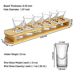 1 oz Shot Glasses with Holder, Shot Glass Set in Bamboo Wooden Shot Tray, D&Z 6 Heavy Base Shot Glasses for Whiskey/Vodka/Tequila/Cocktail/Soju, Shot Serving Tray, Good Helper for Bar/Restaurant/Party