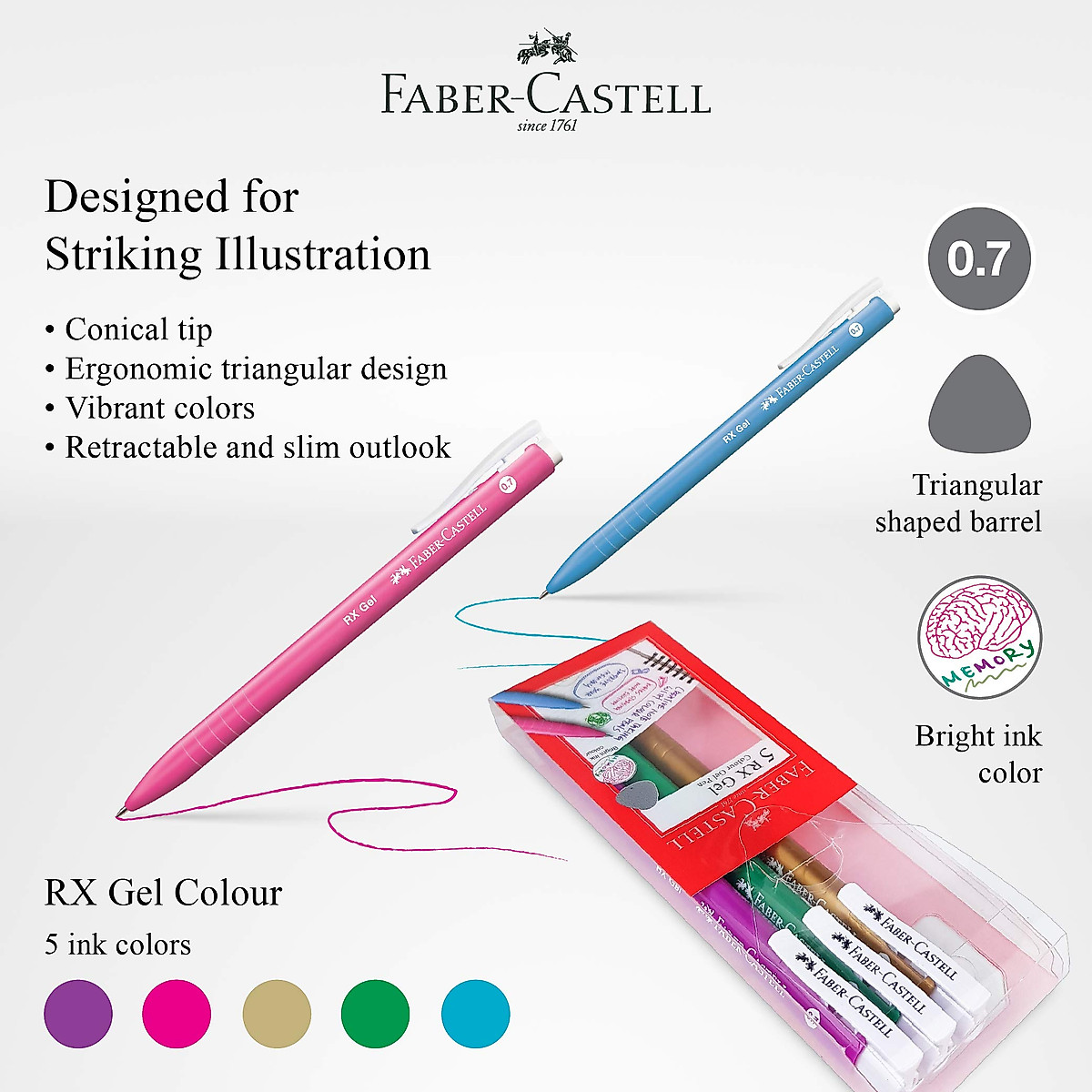 Faber-Castell RX Gel Color Pen (0.7mm, Wallet of 5 pcs)