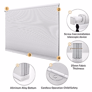 Keego Cordless No Drill Cellular Blinds for Window Blackout Honeycomb Shades No Tools Easy Install for Home Kitchen Bedroom Office(Blackout,White,34w x 60h)