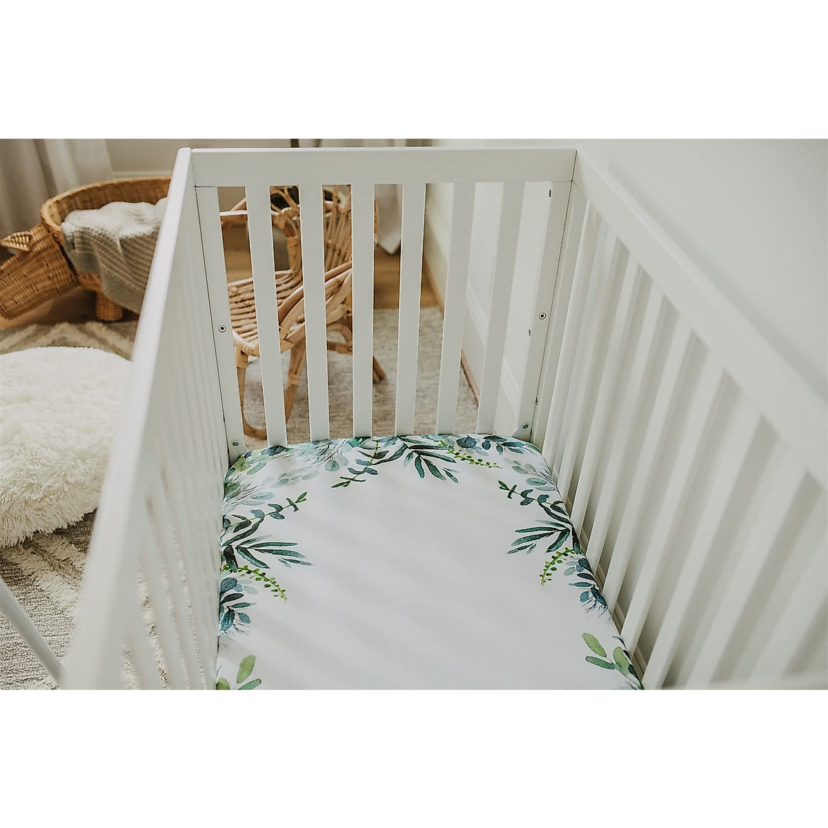 NODNAL CO. Leafy Pack n Play Playard Portable Mini Crib Fitted Sheet for Baby Mattress - Jersey Knit Cotton Unisex Girl/Boy for Pack and Play - Gender Neutral Floral Eucalyptus (Leafy Border)