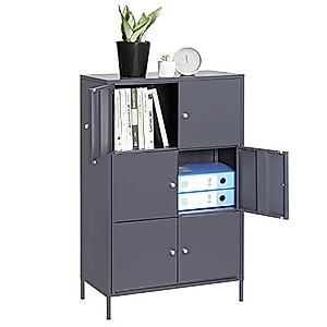 SONGMICS Storage Cabinet, 3-Tier Metal Office Cabinet, Multipurpose Storage Organiser Stand with 6 Doors, 27.5 x 14.2 x 44.2 Inches, Max. Load Capacity 33 lb per Shelf, Gray UOMC06GB