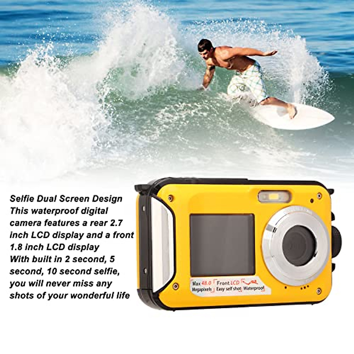 Tefola Waterproof Digital Camera, Full HD 2.7K 48MP 10ft Waterproof Underwater Digital Camera 16X Digital Zoom Front Rear Double Screens Waterproof Digital Camera(Yellow)