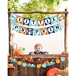 Mosailles Little Pumpkin Decorations Baby Shower Blue Pumpkin Banner Garland Gold Glittery Pumpkin Cake Toppers Latex Balloons for Fall Birthday Thanksgiving Party Decorations Supplies