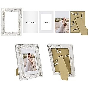 Hongkee 4x6 Picture Frame Set of 4, with Real Glass and Distressed White Wood Frame, Multi 4 by 6 Picture Frame for Wall or Tabletop Display, Display Picture 3.5x5 with Mat or 4x6 Without Mat