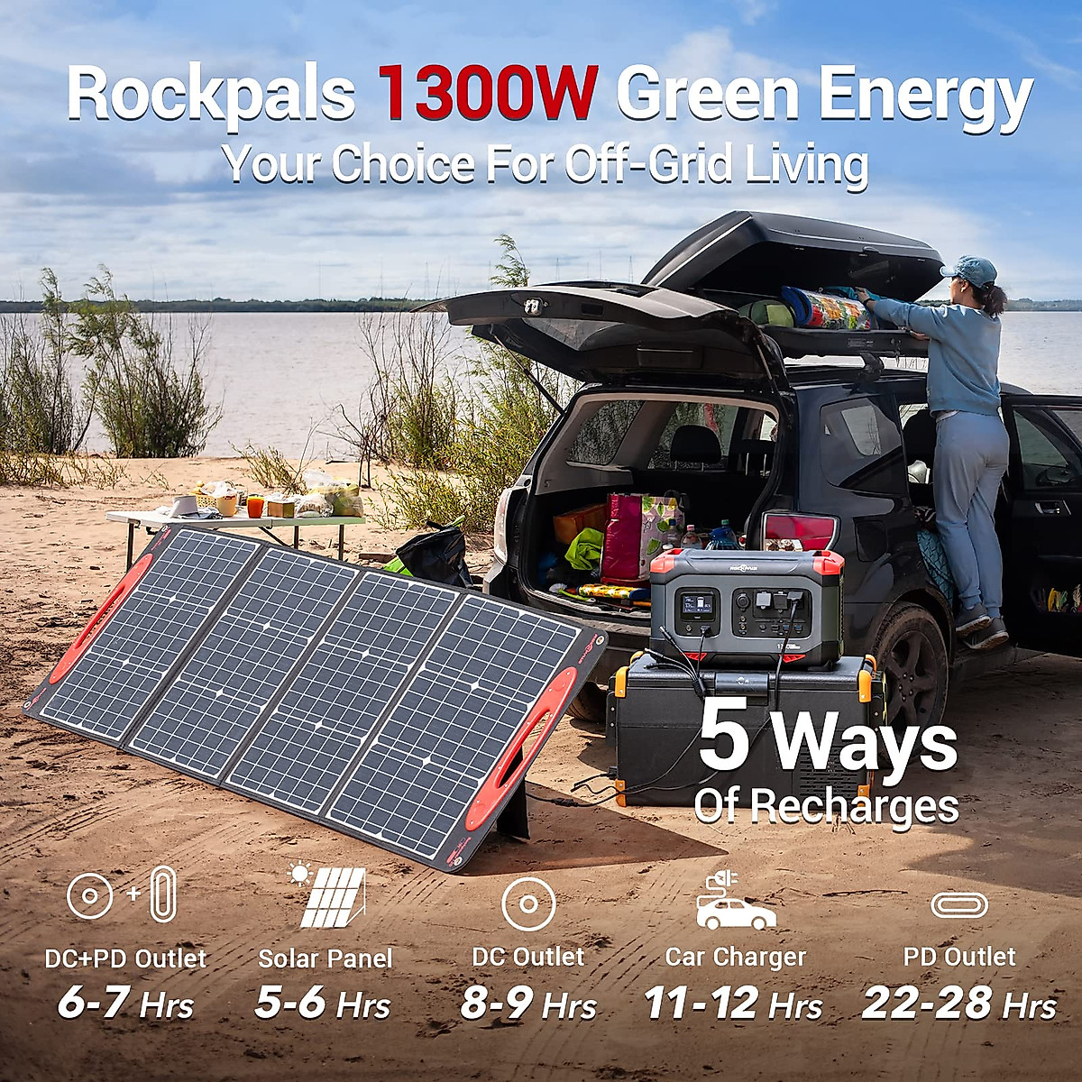 ROCKPALS 1300W Portable Power Station & 2xRockpals 100W Solar Panels with Kickstand, 3X AC Outlets(Peak 2000W), Outdoor Generator with Solar Panel Kit for RV/Van Camping, Home Use, CPAP, Emergency