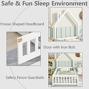 TURRIDU Twin Size Montessori Floor Bed with Fence and Door, House-Shaped Headboard Floor Bed with Full-Length Guardrails, Floor House Bed for Children Girls Boys, No Weight Limit, White