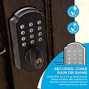 TURBOLOCK TL115 Smart Lock with Keypad and Voice Prompts | Digital Deadbolt w/ App for Unlimited eKeys | Code Disguise, Backup Keys + Micro-USB Port — Ready for Thicker Doors (IP65) (Bronze)