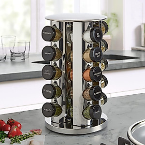 Kamenstein Revolving 20-Jar Countertop Rack Tower Organizer with Free Spice Refills for 5 Years, Polished Stainless Steel with Black Caps
