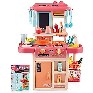 Surefect - Kitchen Play Set with Accessories- Mini Kitchen Set with Realistic Light Sound Steam Simulation- Indoor Games Cooking Playset with Water Outlet- Toys for Toddlers Children & Girls