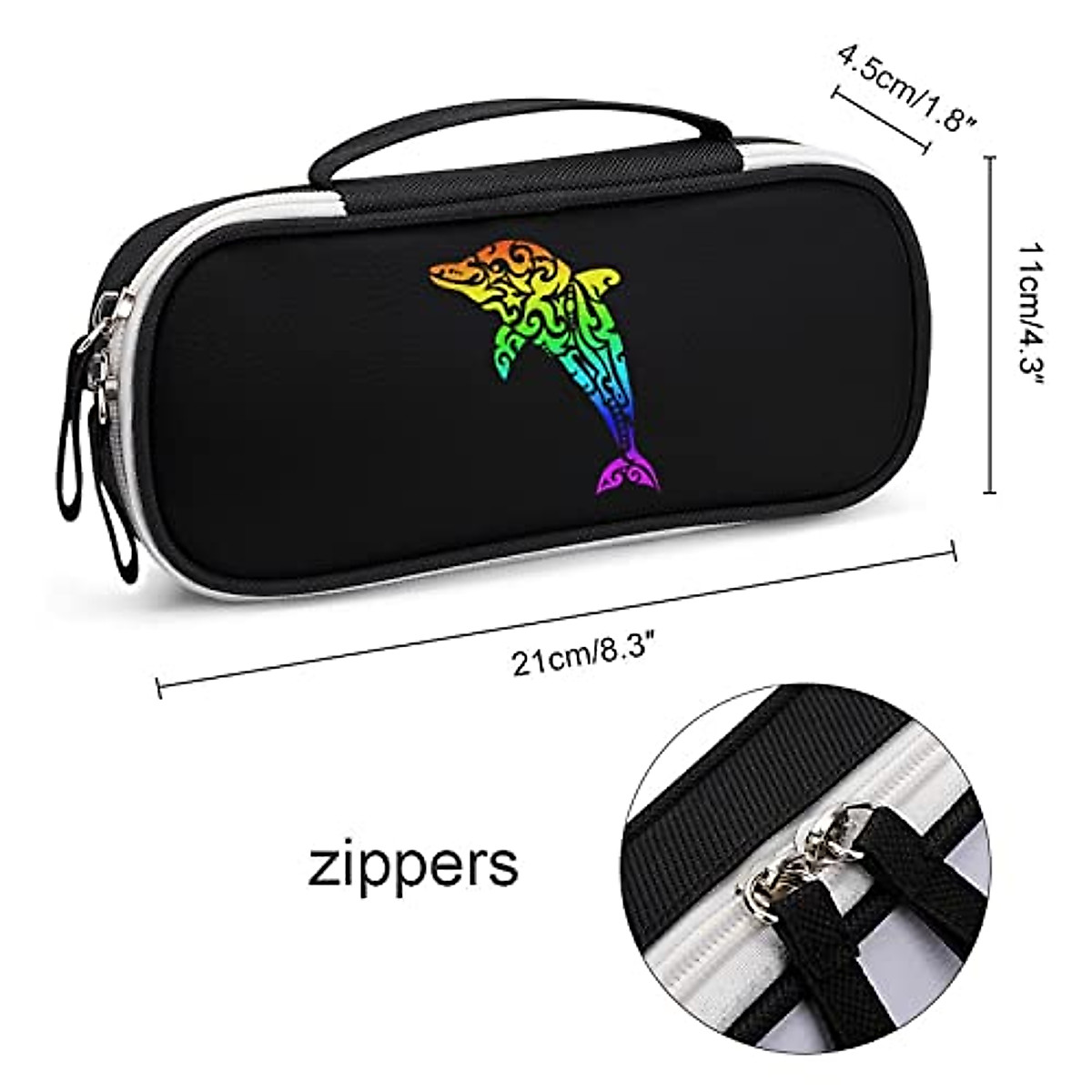 Rainbow Dolphin Printed Pencil Case Bag Stationery Pouch with Handle Portable Makeup Bag Desk Organizer