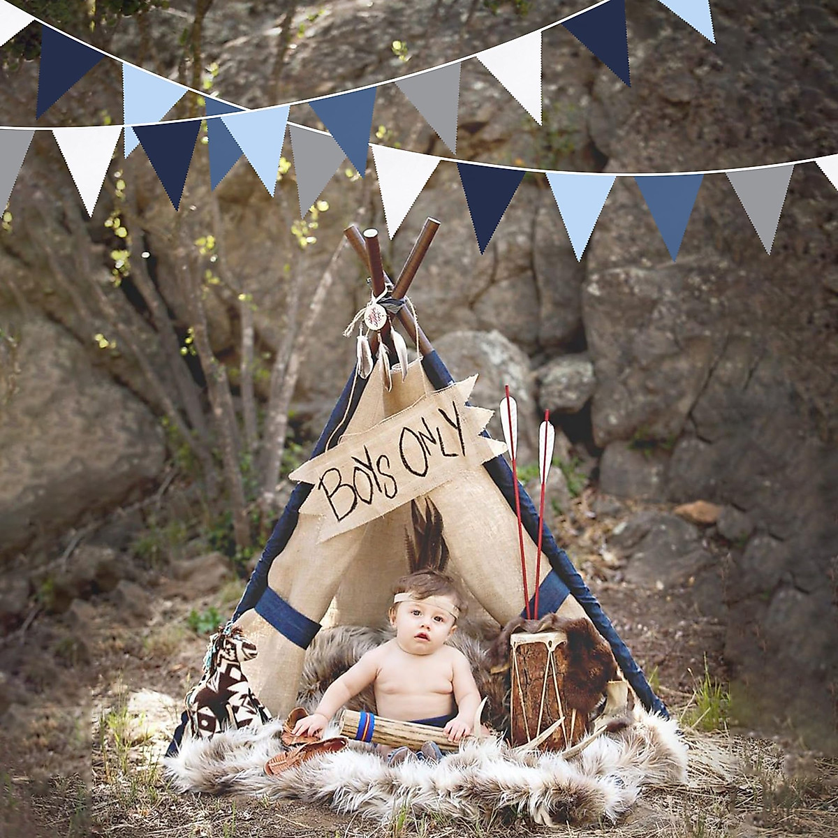 32Ft Deep Blue Party Decorations Royal Triangle Flag Pennant Bunting Fabric Garland for Wedding Birthday Ahoy Achor Nautical Pirate Bridal Baby Shower Under The Sea Party Festivals Decoration