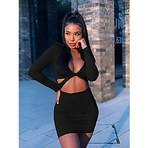 XXTAXN Women's Sexy Bodycon Deep V Neck Long Sleeve Cut Out Club Mini Dress Black