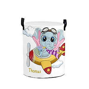 Elephant Pilot Plane Personalized Laundry Hamper ,Custom Name Collapsible Waterproof Laundry Basket Storage Bins with Handle for Clothes,Toy,Nursery