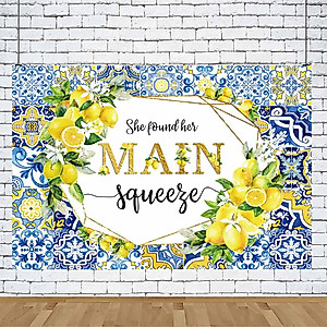 AIBIIN 7x5ft Lemon Bridal Shower Backdrop She Found Her Main Squeeze Engagement Party Photography Background Blue Tile Floral Print Decoration Bachelorette Bride To Be Wedding Photoshoot Prop Supplies