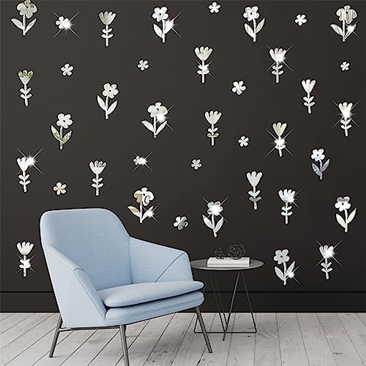 3D Flower Mirror Wall Sticker Floral Wall Stickers for Girls Bedroom Removable Silver Acrylic Mirror Wall Stickers Peel and Stick Wall Decals Art Mural for Living Room Bathroom Classroom Decor