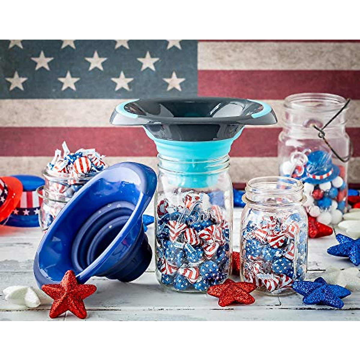 Kitchen Canning Funnel – Collapsible Silicone Food Funnel for Wide Mouth and Regular Mason Jars – Flexible Use for Coffee, Liquid, Jam, Cooking, Baking, Crafts - Blue