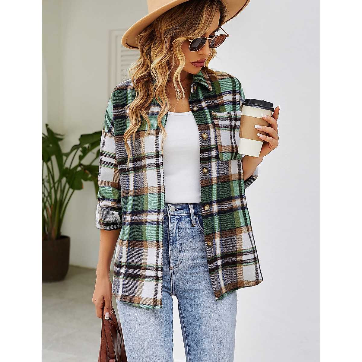 ClearFlower Womens Fall Fashion 2022 Plaid Shackets Flannel Jacket Casual Long Sleeve Button Collared Neck Oversized Shirts Green L