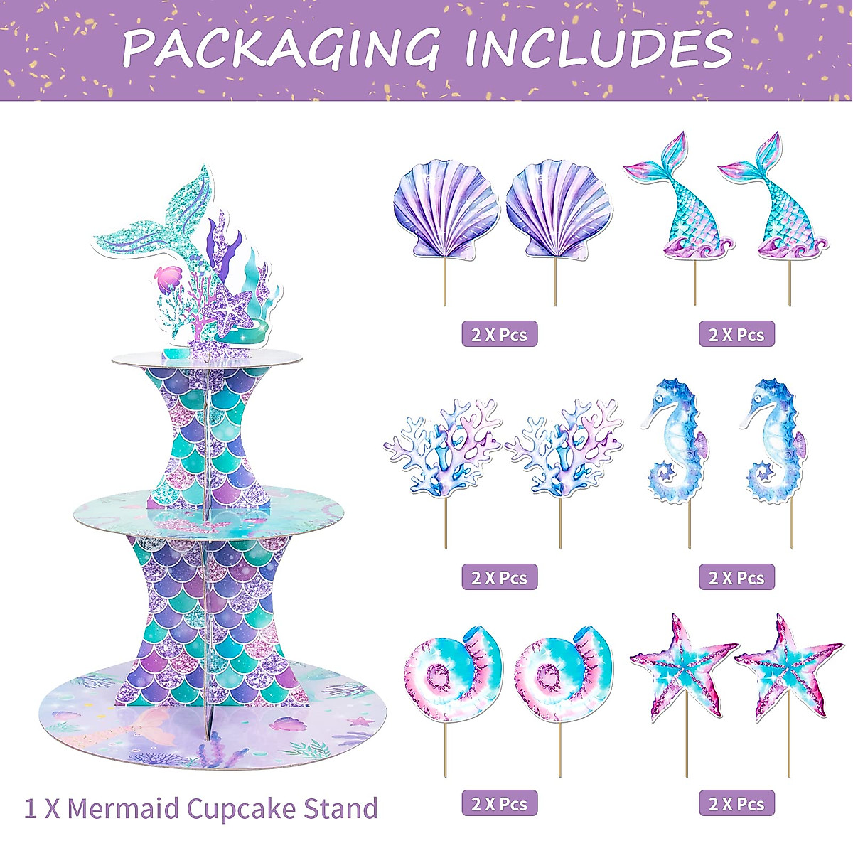 OPUHOHR 3 Tier Mermaid Cupcake Stand,Cupcake Tower with 12pcs Mermaid Theme Cake Topper, Dessert Tower Holder for Mermaid Theme Birthday Decoration Baby Shower Party Supplies