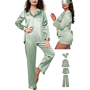 WJing Yi Jia 5Pcs XS-XXL Womens Silk Satin Pajamas Sets Long Pj Sets Button Down Pjs Set Loungewear Sleepwear