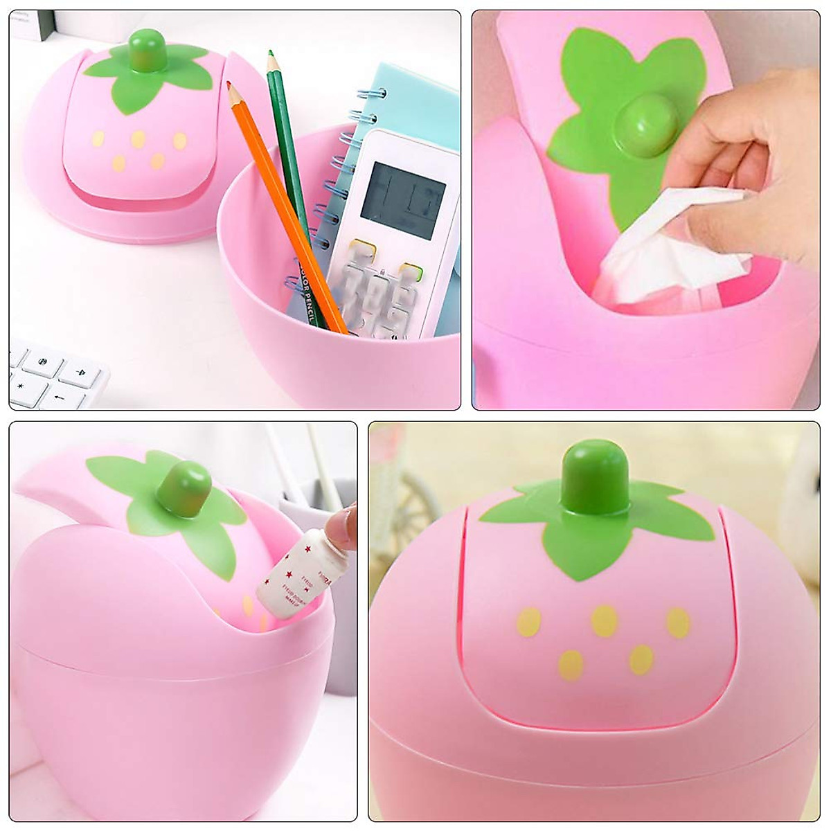 Cute trash bin Strawberry Desk Trash Can Small Plastic Storage Baskets Counter Top Garbage Can Kawaii Trash Bin Pen Holder Desk Organizer with Swing Lid for Home Car rubbish bin Pink small trash bin