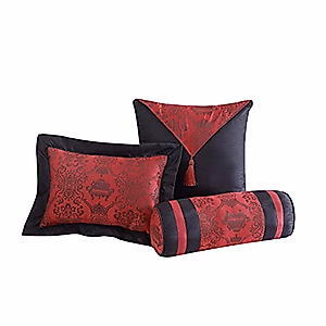 Chezmoi Collection Dynasty Jacquard 7-Piece Comforter Set Black/Red (Queen)