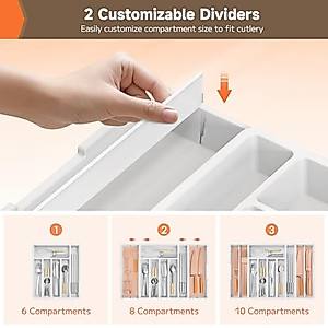 KreuRaxy Expandable Silverware Cutlery Utensil Organizer Tray for Kitchen Drawers, 13 to 22.8 Inch Adjustable Design with 2 Divider, Flatware Tableware Tray for Spoon Spatula Forks, Large, White