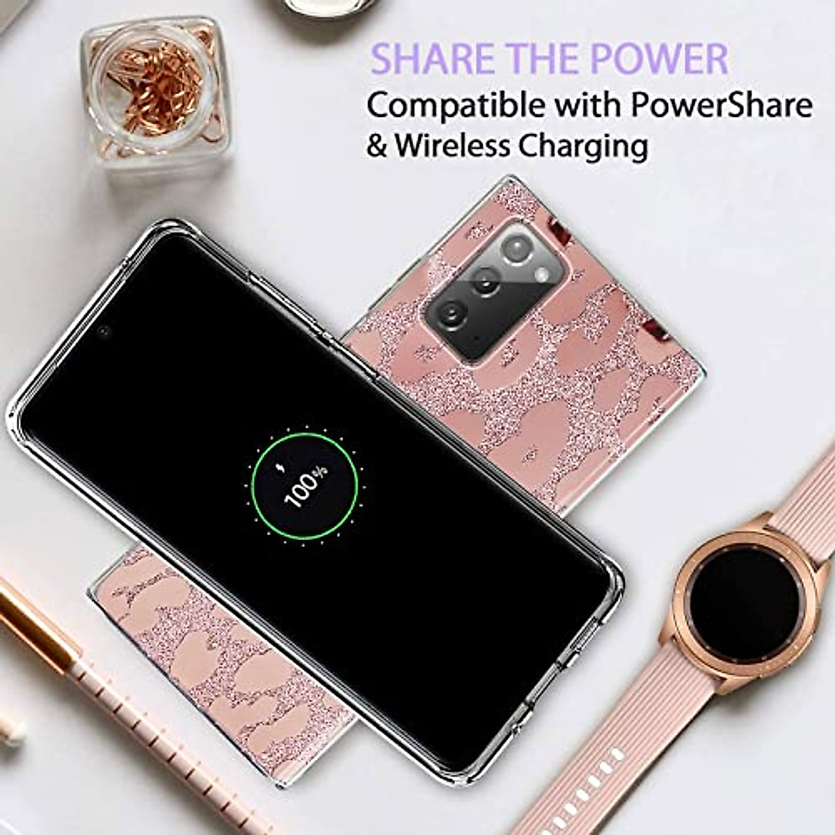 J.west for Samsung Galaxy Note 20 Case 6.7 inch,Luxury Saprkle Bling Glitter Leopard Print Design Soft Metallic Slim Protective Phone Cases for Women Girls Clear TPU Bumper Silicone Cover Rose Gold