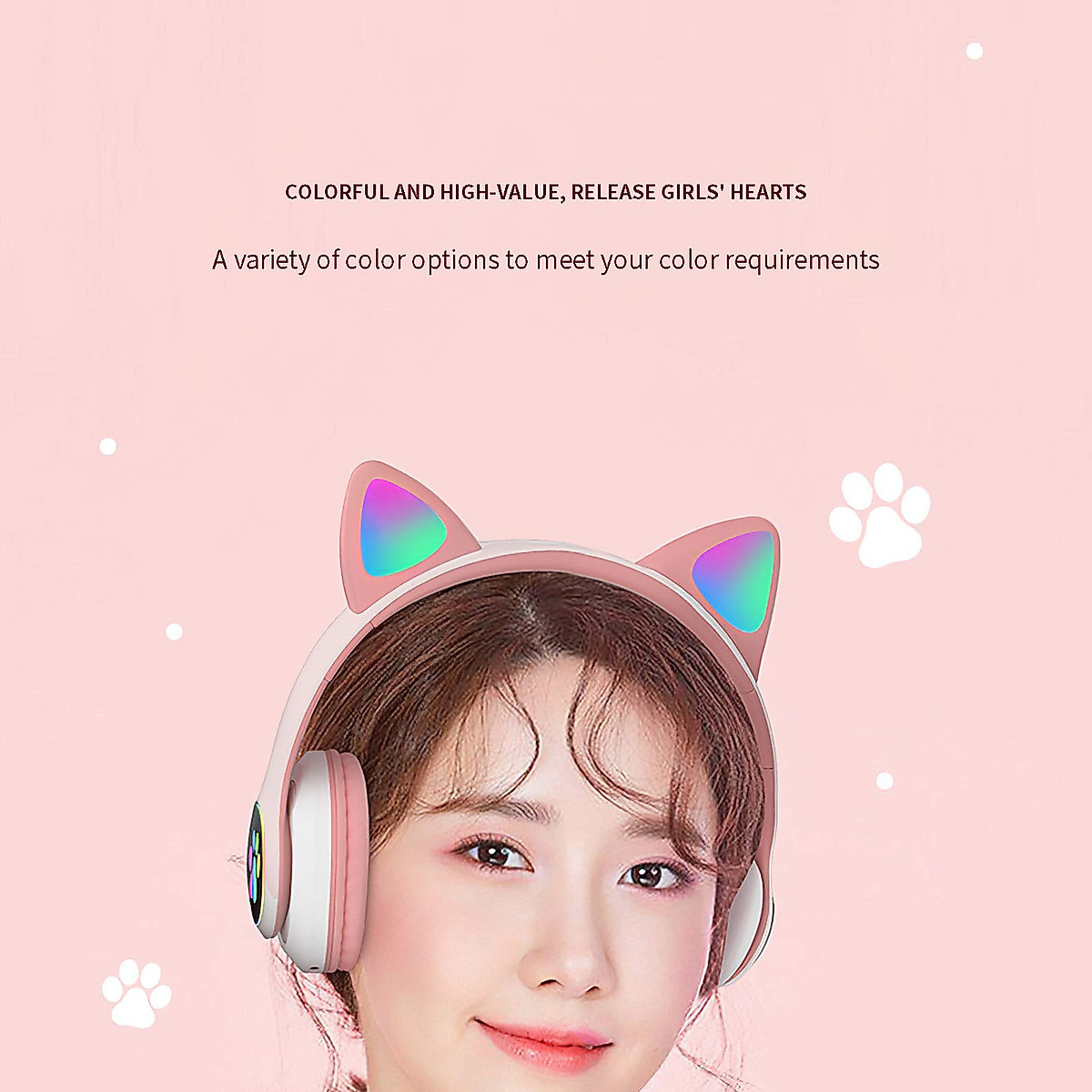 Cat Ear Headphones, Bluetooth 5.0 Cute Cat Ear Headphones Foldable HiFi Sound Quality Stereo Effect Rainbow Light Effect Kitty Gaming Headset for Kids Boys Girls PC Laptops Smartphones