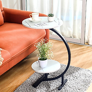 BAOYOUNI Round End Storage Table C-Shaped Sofa Coffee Side Table Circle Potted Plant Stand with Shelf and Metal Frame for Small Spaces, Living Room, Bedroom, Office