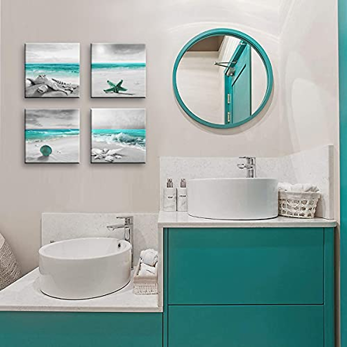 JUFENGART 4 panels green ocean beach wall decoration for bathroom beach canvas prints natural pictures home artwork bedroom living room wall art ready to hang size: 12x12inch/set