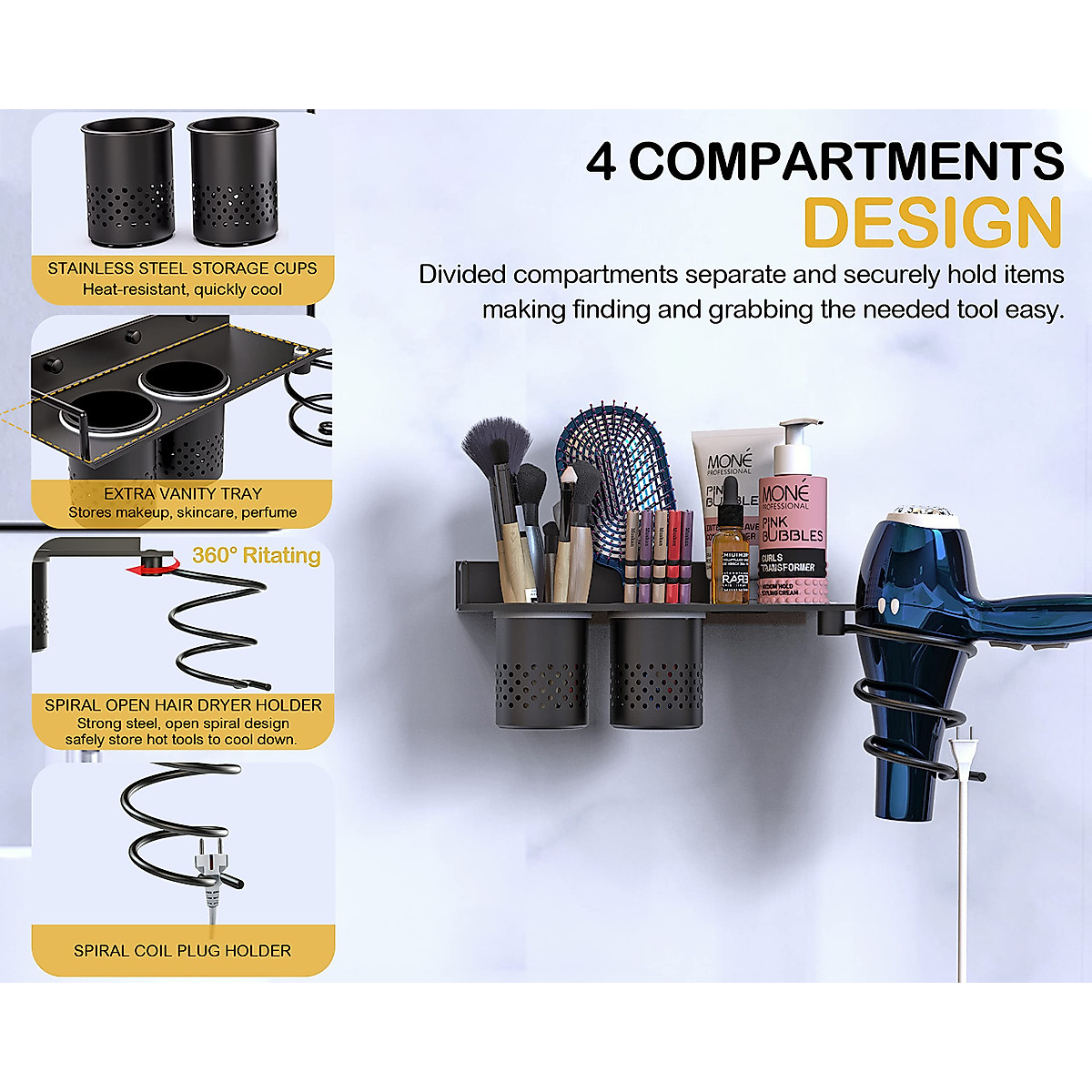 MyLifeUNIT Hair Dryer Holder, Hair Tool Organizer Wall Mounted with 2 Cups, Bathroom Blow Dryer Holder Shelf, Hair Styling Tools Organizer